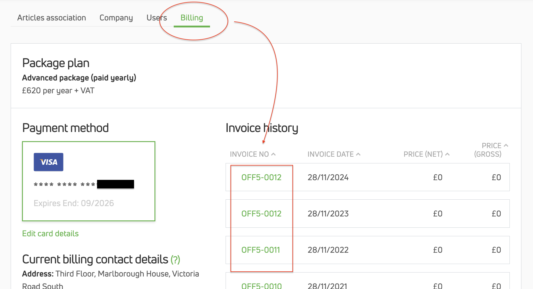 Billing details - for card customers (invoices etc)