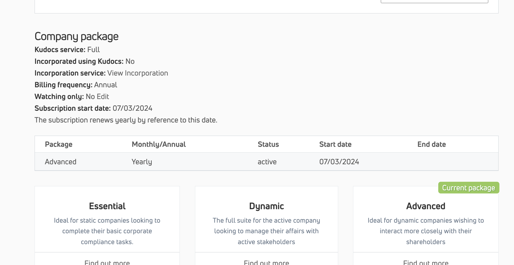 Subscription information - dates, packages, etc - Kudocs
